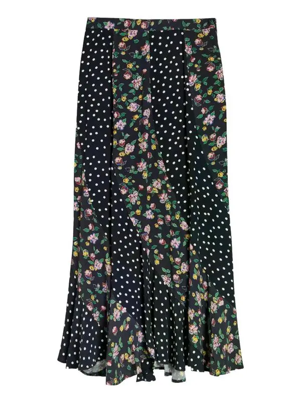 Rixo Polka-dot Floral-print Midi Skirt - Black