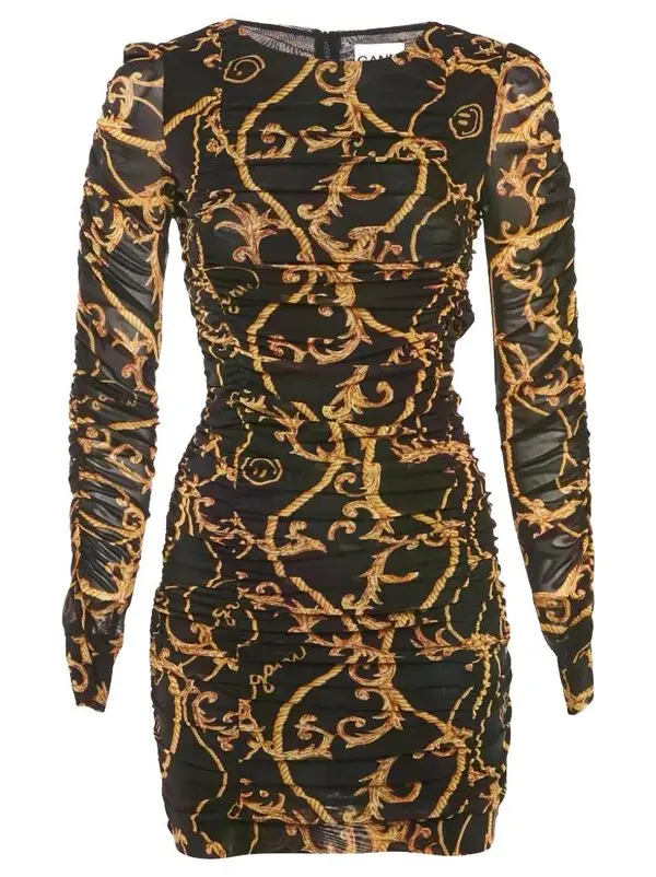 GANNI Ruched Abstract-print Mini Dress - Black