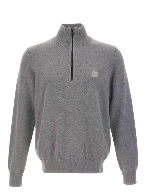 BOSS Zip-collar Sweater With Logo Tag - Grey