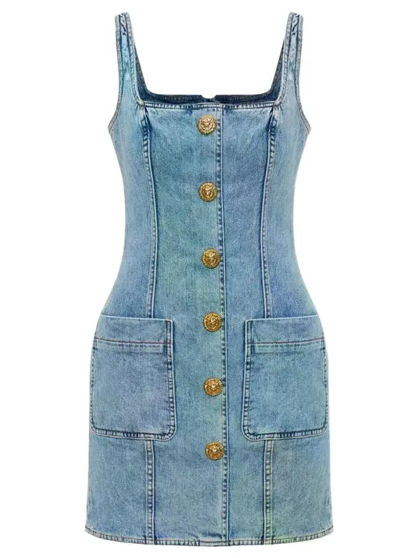 Balmain Button-embellished Denim Mini Dress - Blue