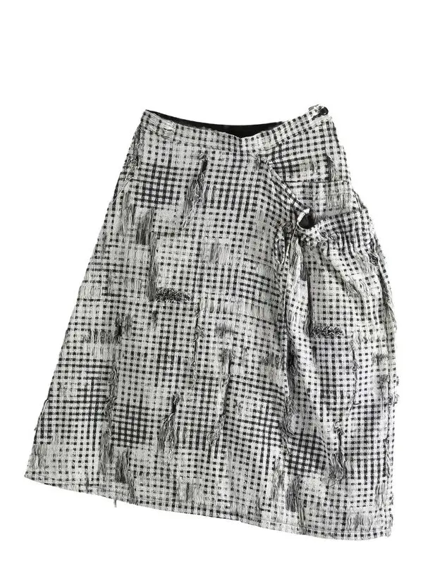 Y’s Frayed Check-pattern Midi Skirt - White