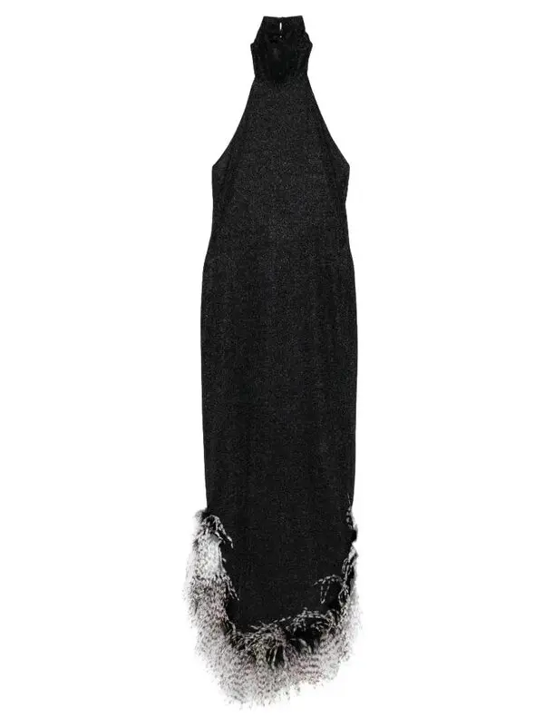 Oseree Feather-trim Midi Dress - Black