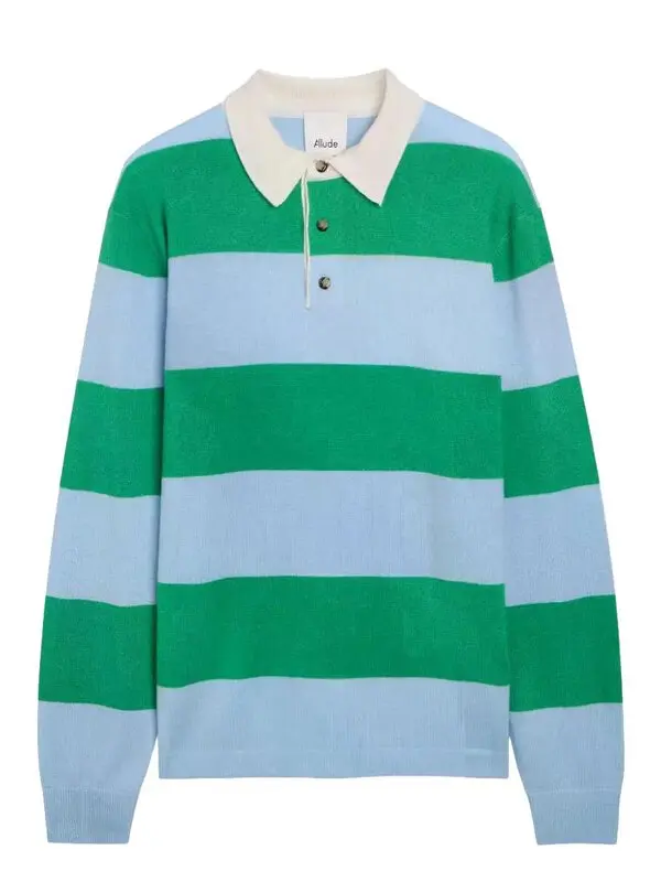 ALLUDE Striped Buttoned Polo Shirt - Green