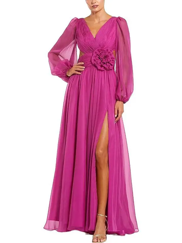 Mac Duggal Long Sleeve V-neck Chiffon Gown With 3d Flower - Magenta