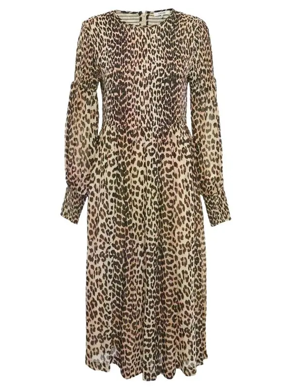 GANNI Animal-print Long-sleeve Midi Dress - Brown