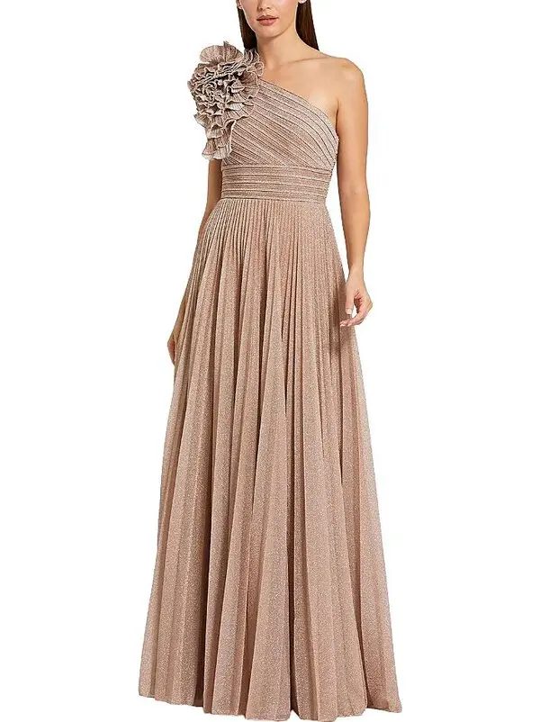 Mac Duggal Petite Pleated Metallic One-shoulder Gown With Ruffle - Champagne
