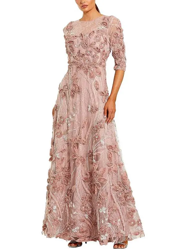 Mac Duggal Petite Embroidered A-line Gown - Mocha
