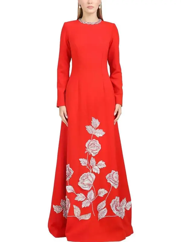 DINA MELWANI Floral Embroidered Column Maxi Dress - Red