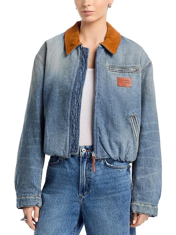 Acne Studios Leather Collar Denim Bomber Jacket - Mid Blue