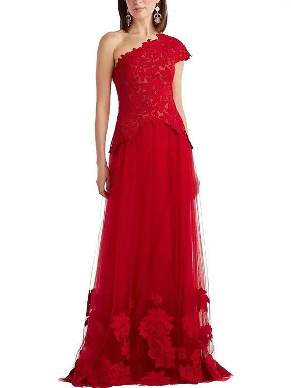 Tadashi Shoji Marcelline One-shoulder Laser-cut Gown - Cherry/nude