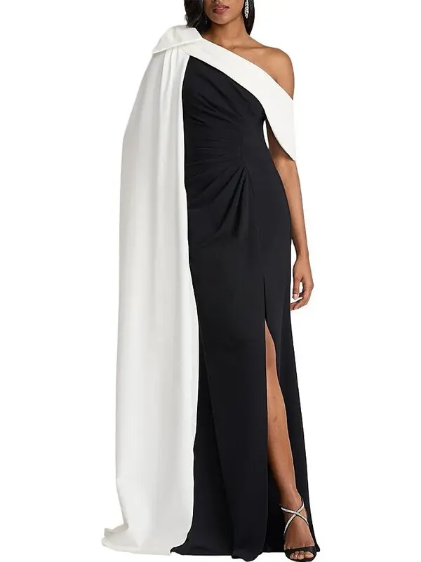 Tadashi Shoji Romi One-shoulder Bow Cape Gown - Black/ivory