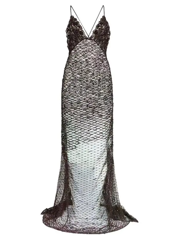Dsquared2 Embroidered Net Maxi Dress - Brown