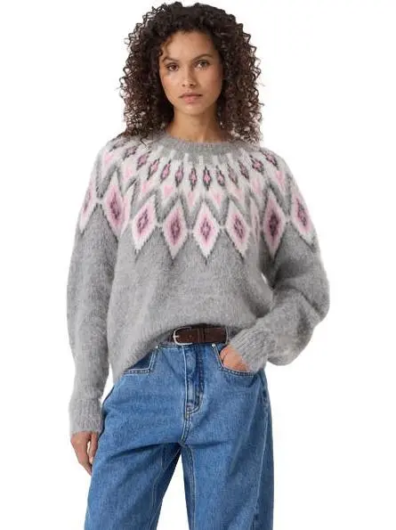 HUSH Brushed Fair Isle Mohair Blend Sweater - Light Grey Marl