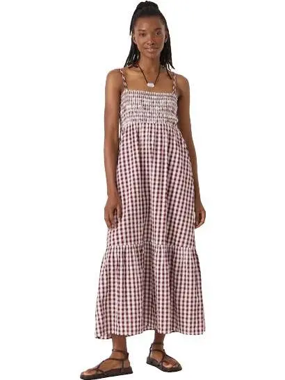 HUSH Leni Shirred Gingham Beach Dress - Maroon Red & White