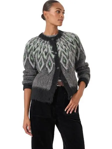 HUSH Brushed Fair Isle Mohair Blend Cardigan - Charcoal Marl