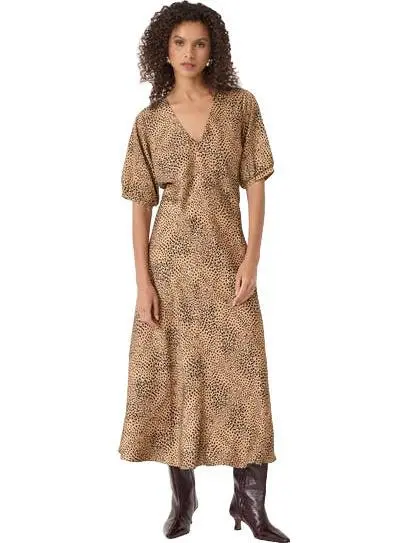 HUSH Grace V-neck Puff Sleeve Satin Dress - Deer Brown