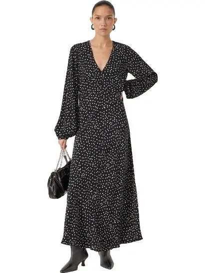 HUSH Grace V-neck Long Sleeve Crepe Maxi Dress - Tiny Polka Dot Black