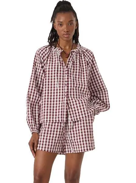 HUSH Elsa Gathered Gingham Beach Shirt - Maroon Red & White