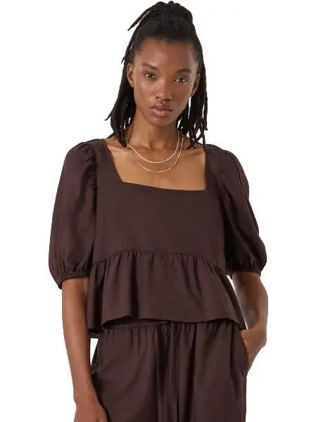 HUSH Alva Puff Sleeve Linen Top - Dark Brown