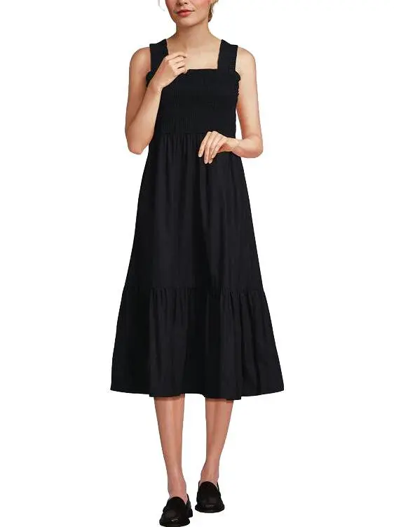 LANDS' END Cotton Poplin Ruffle Smocked Dress - Black