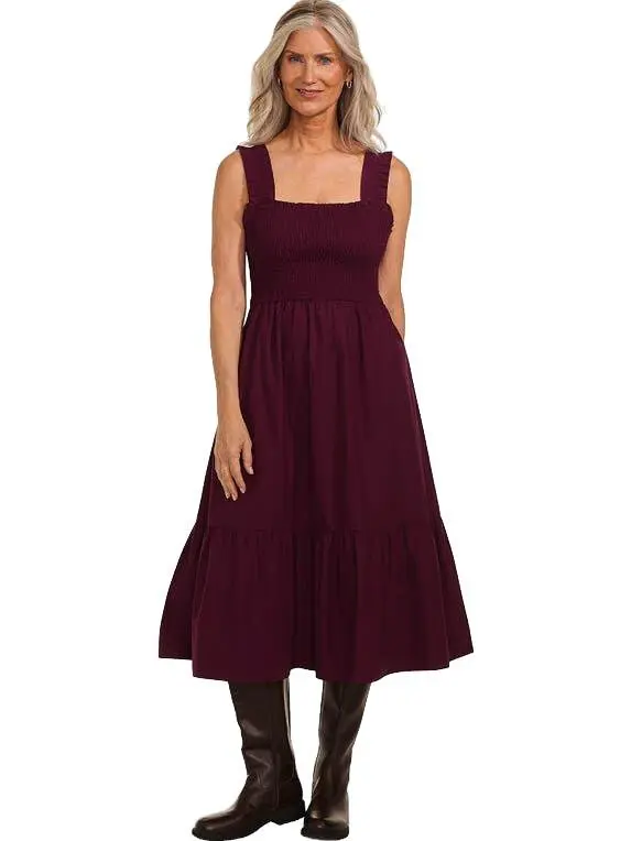 LANDS' END Cotton Poplin Ruffle Smocked Dress - Burgundy