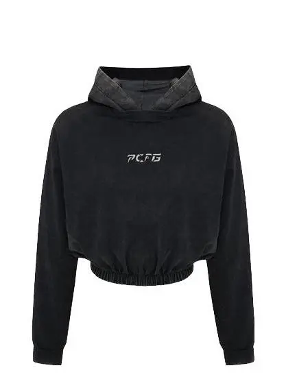 PCFG Cotton Acid Washed Crop Hoodie - Black