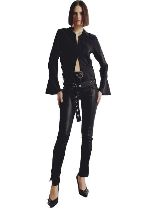 PCFG High-waist Double-belted Skinny Denim Pants - Black