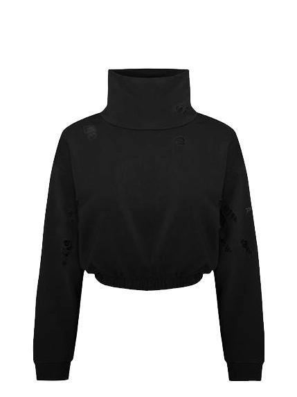 PCFG Cotton Destroyed High Neck Sweatshirt - Black