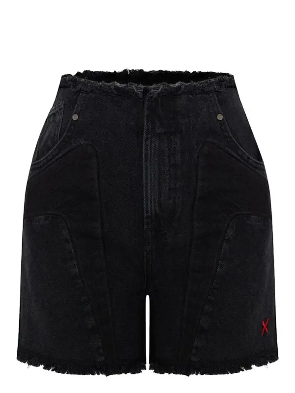 PCFG High Waist Denim Shorts With Frayed Hem - Black