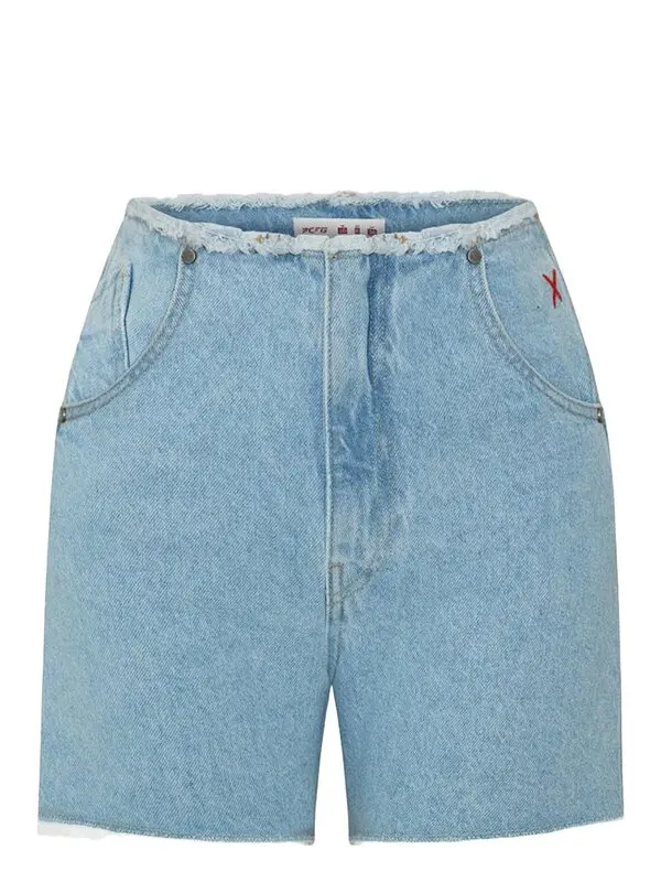 PCFG High Waist Denim Shorts With Frayed Hem - Blue