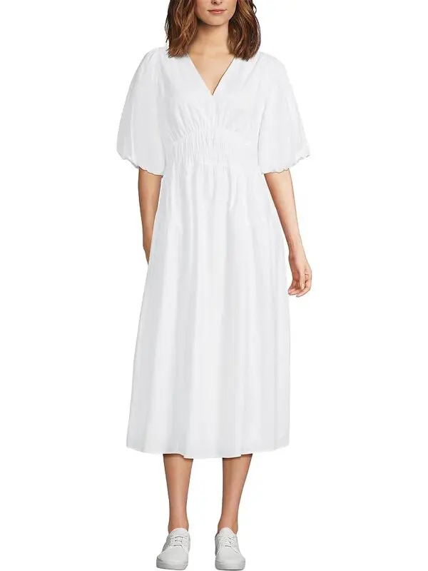 LANDS' END Puff Sleeve Smocked Waist V-neck Dress - White