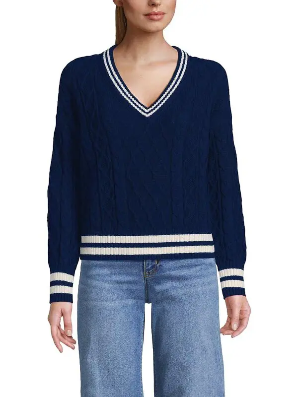 LANDS' END Drifter Cable V-neck Sweater - Deep Sea Navy/ivory Tipping