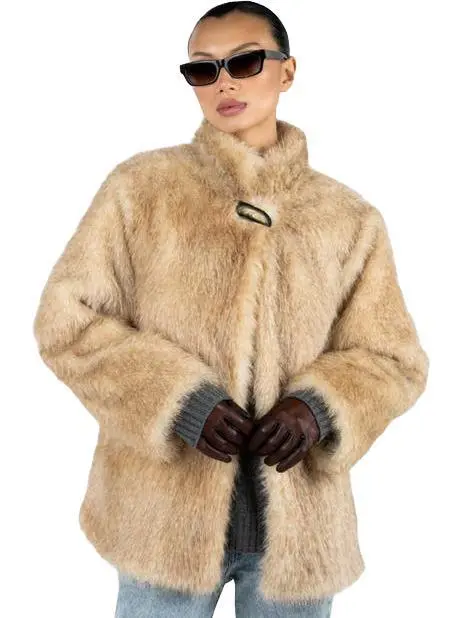 WeWoreWhat Faux Fur Jacket With Toggle Closure - Tan Ivory Multi