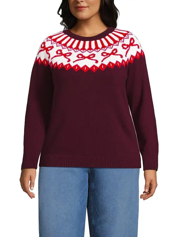 LANDS' END Drifter Raglan Pointelle Crew Neck Sweater - Burgundy Bow Fairisle