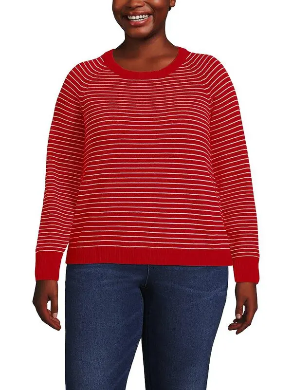 LANDS' END Drifter Raglan Pointelle Crew Neck Sweater - Compass Red/ivory Mini Stripe