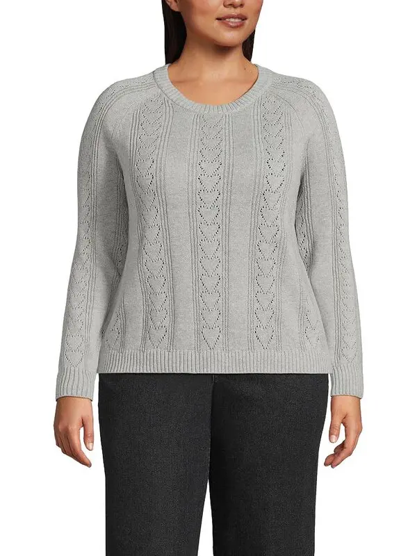 LANDS' END Drifter Raglan Pointelle Crew Neck Sweater - Gray Heather