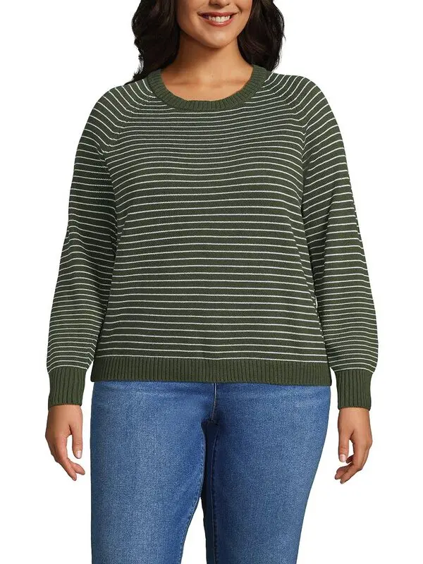 LANDS' END Drifter Raglan Pointelle Crew Neck Sweater - Green/pale Sky Mini Stripe