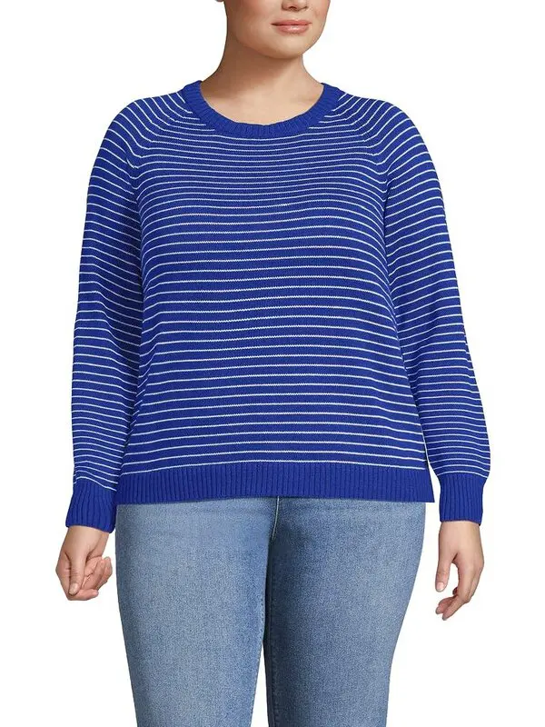 LANDS' END Drifter Raglan Pointelle Crew Neck Sweater - Lapis/ivory Mini Stripe