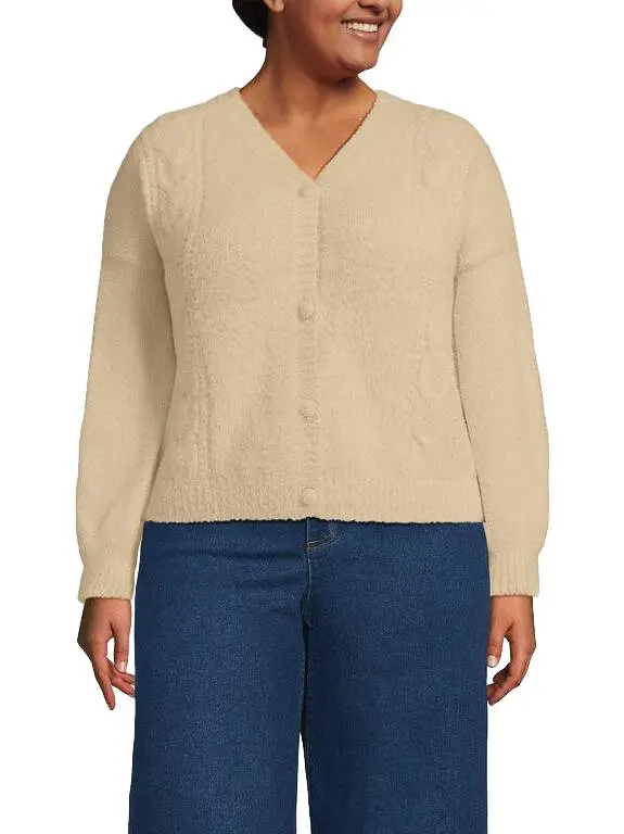 LANDS' END Fuzzy Eyelash Cable Knit Cardigan Sweater - Champagne