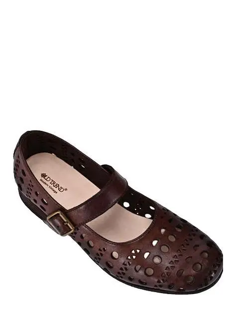 OLD TREND Retro Genuine Leather Cutout Mary Jane Flats - Coffee