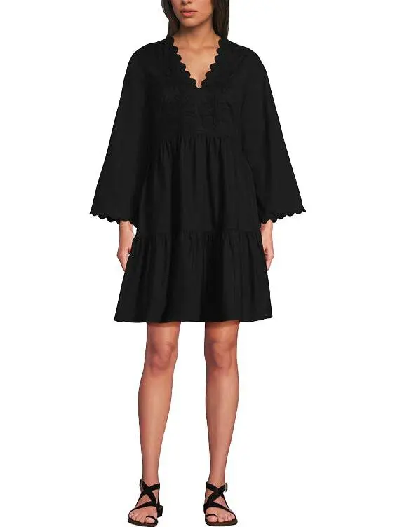 LANDS' END Poplin V-neck Embroidered Dress - Black