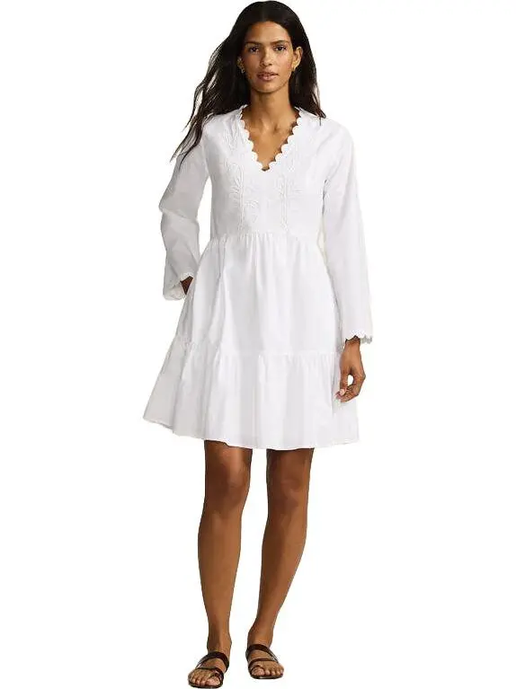 LANDS' END Poplin V-neck Embroidered Dress - White