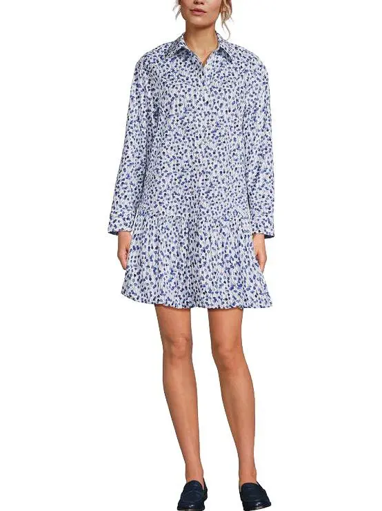 LANDS' END Flounce Hem Button-front Shirt Dress - Blue Floral/white