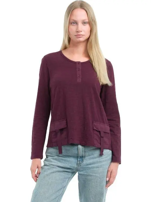 WILT CLOTHING U-neck Button Placket Tee - Dark Fig