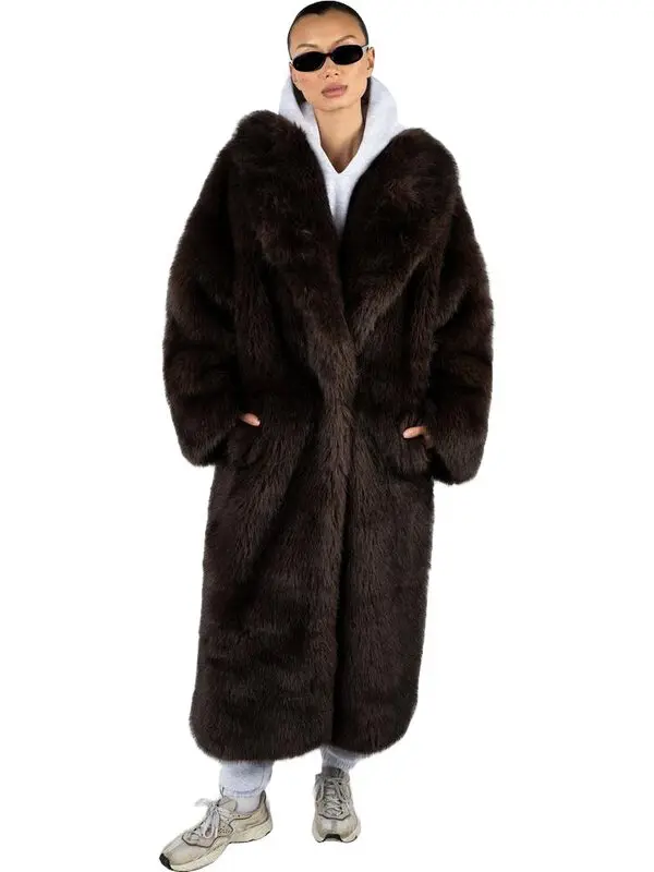 WeWoreWhat Long Faux Fur Jacket - Dark Brown