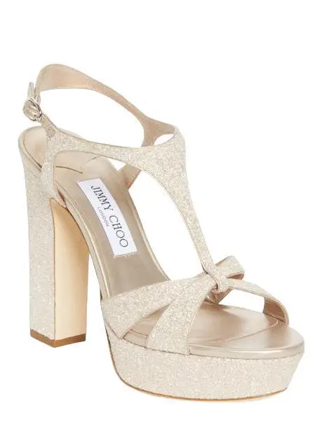 JIMMY CHOO Kesia Glitter Platform Sandal - Light Soft Gold