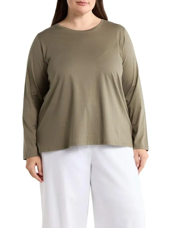 Eileen Fisher Long Sleeve Cotton Crewneck Top - Bay Leaf