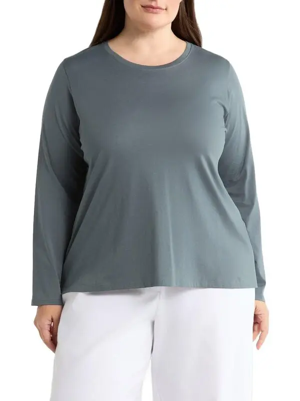 Eileen Fisher Long Sleeve Cotton Crewneck Top - Eucalyptus