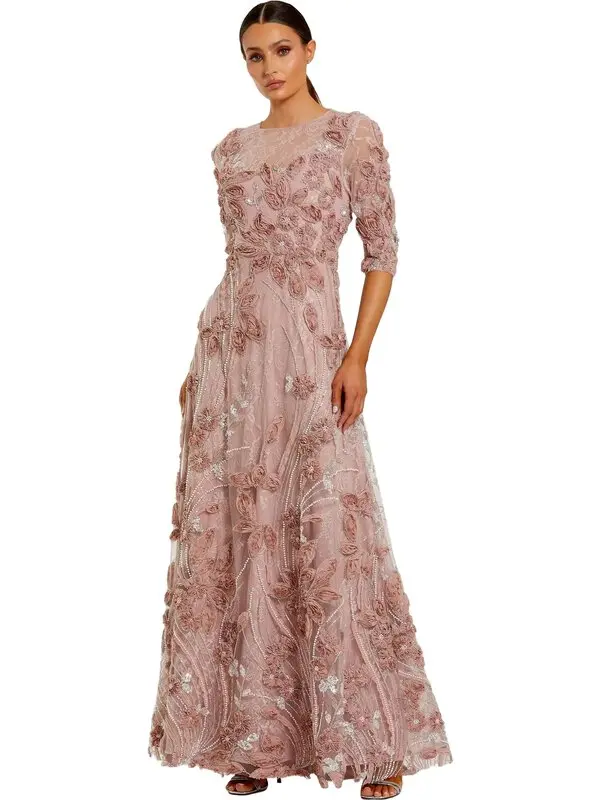 Mac Duggal Petite 3/4 Sleeve High Neck Embroidered A-line Gown - Pink