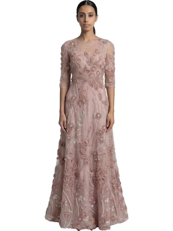 Mac Duggal Embellished Lace Gown With 3/4 Sleeves - Pink